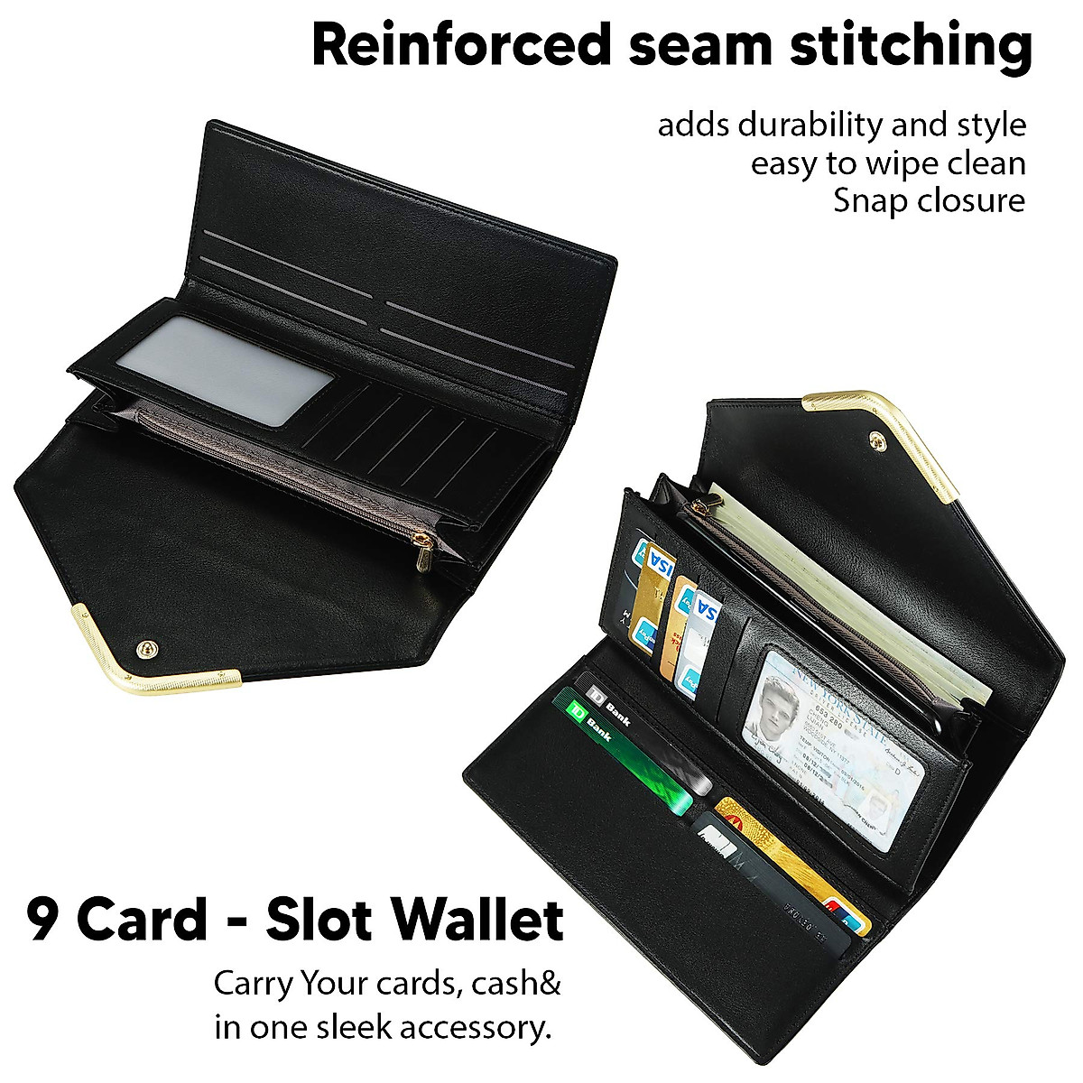 OYATON Snap Clutch Wallet for Women, Soft Faux Leather Long Womens Wallet with Zip Coin Pocket Credit Card Holders Organizer and Phone Holder (Black)