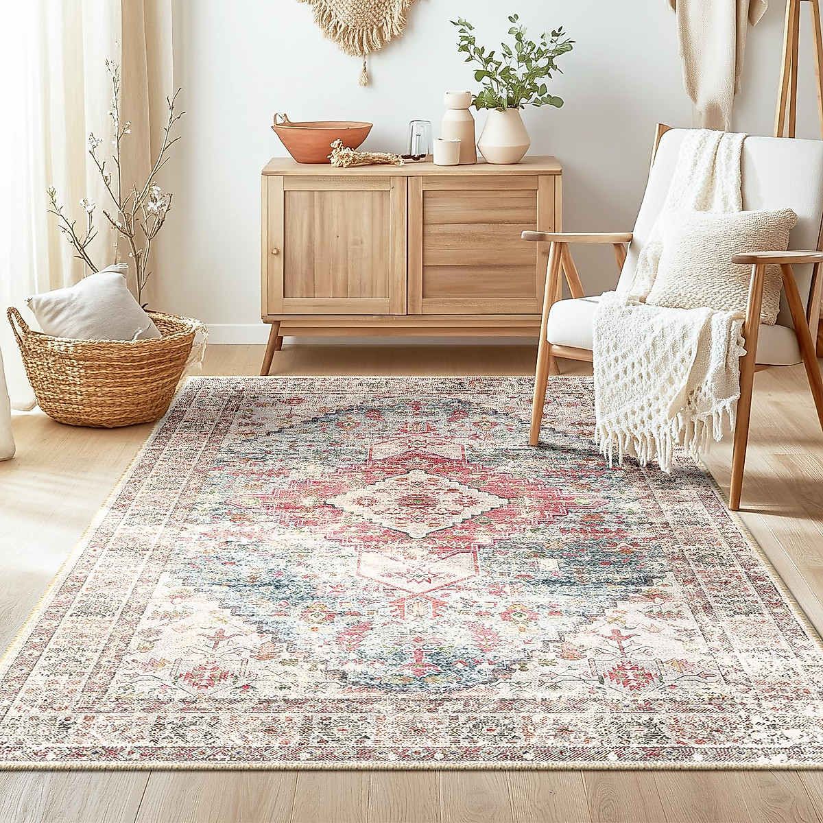 BESTSWEETIE Area Rug 5x7 Rugs for Living Room 5 x 7 Washable Rugs Non Slip Vintage Boho Living Room Rugs for Bedroom Dining Room, Distressed Pattern Carpet, Pink