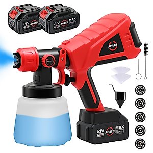 APATB Cordless Paint Sprayer with 2 Batteries, HVLP Electric Paint Gun with 1000ML Container, 5 Copper Nozzles & 3 Spray Patterns