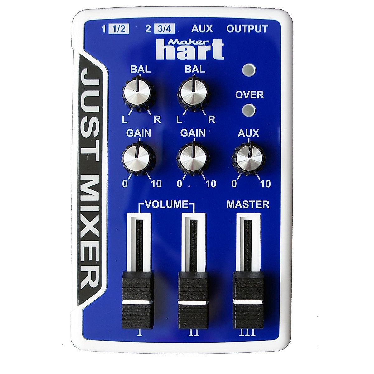 JUST MIXER Audio Mixer - Battery/USB Powered Portable Pocket Audio Mixer w/ 3 Stereo Channels (3.5mm) Plus On/Off Switch/Blue