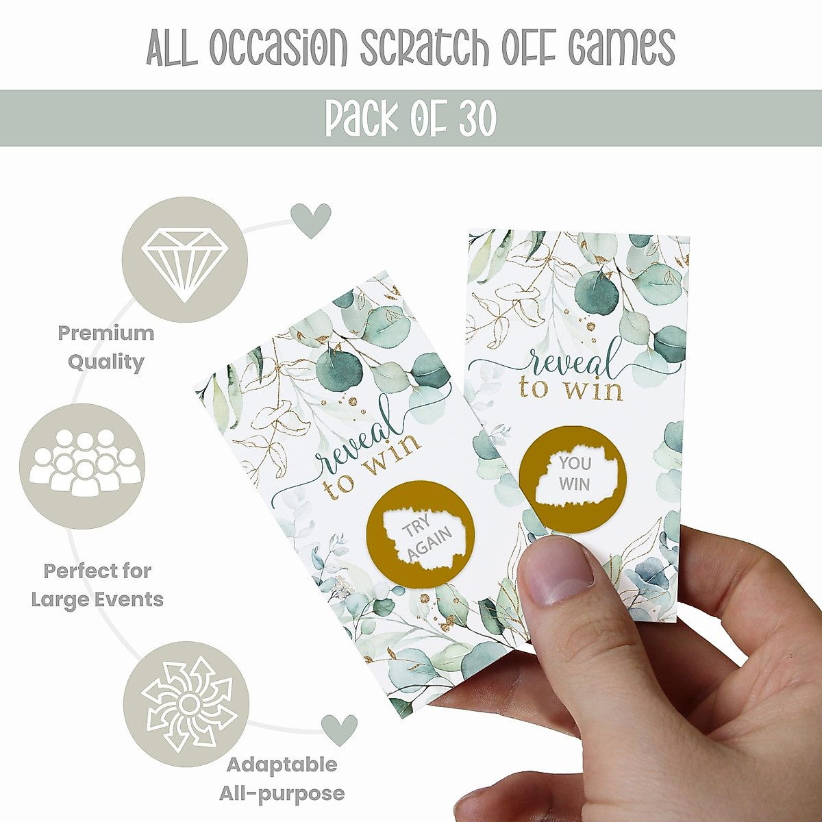 Gold & Greenery Scratch Off Game Cards (30 Pack) - Fun Bridal Shower Games, Modern Wedding Activities, Lottery Tickets for Door Prizes, Raffle Drawings, Instant Win Scratchers, Baby Shower Favors