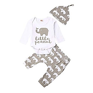 Rarjuiey 3Pcs Newborn Baby Boy Girl Elephant Outfits Long Sleeve Little Peanut Romper Bodysuit+Pants+Hat