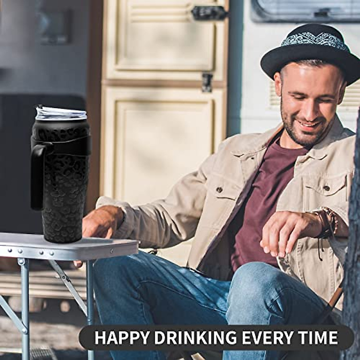 LAOION 40 oz Tumbler with Handle and Straw,Stainless Steel Mug with Leak Proof Screw Seal Lid,Dual Insulated Large Cup with handle,Keeps Drinks Cold for 24 Hrs,Sweat Proof,BPA Free-Black Leopard