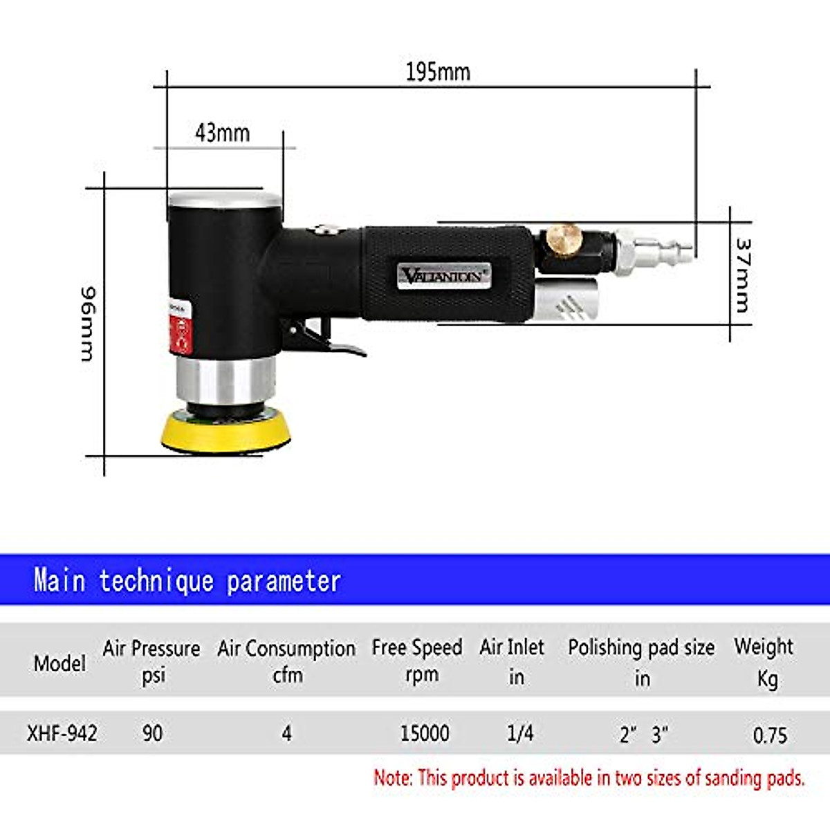Valianto 2" 3" Mini Air Sander, Pneumatic Sander Random Orbital Eccentric Dual Action Polisher with M6 Thread Plate (2" and 3"),- Adjustable Airflow Valve - US Connector