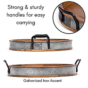 BIRDROCK HOME Wooden Serving Tray with Handles - Iron Accents - Round Barrel Top Breakfast Trays - Tea Cheese Board - Coffee Table Décor - Natural Wood with Iron - Kitchen - Bar - Large