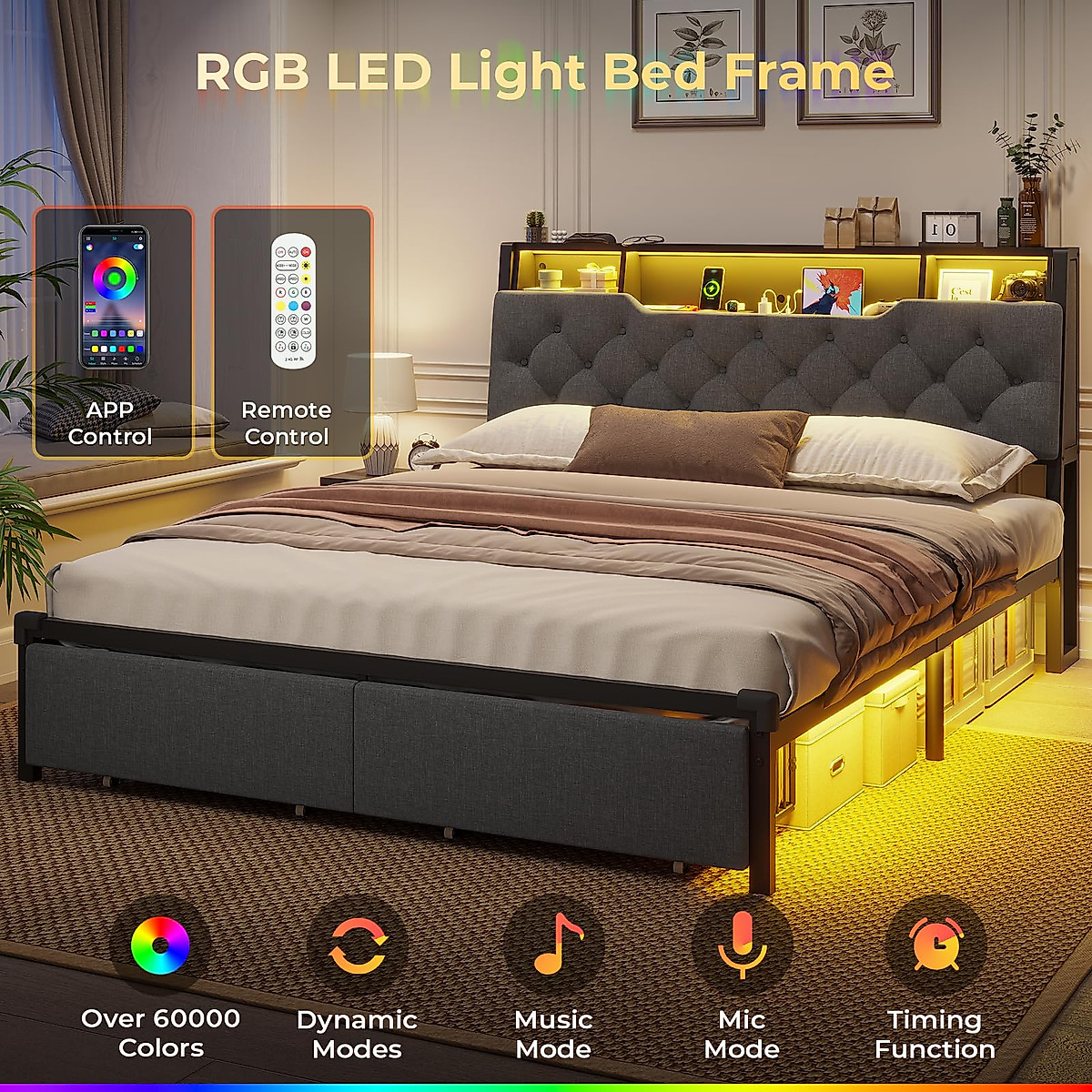BTHFST Full Size Bed Frame with Charging Station, LED Bed Frame Full Size with Headboard Storage and 2 Drawers, Upholstered & Metal Platform Bed with Lights, No Box Spring Needed, Dark Grey