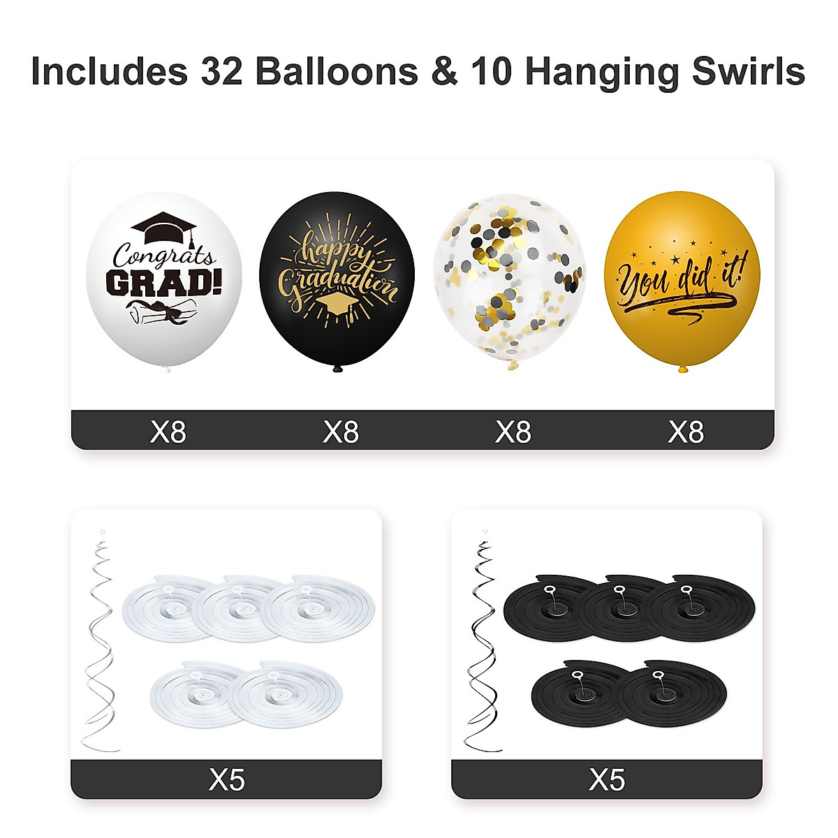 AKEROCK Graduation Decorations Class of 2025, Congratulations Graduate Banner for Graduation Party Decorations, Graduation Banner/Congrats Grad Banner, 32 Balloons & 10 Hanging Swirls Included - Black