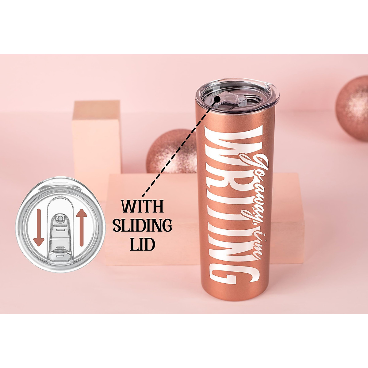 Onebttl Writer Gifts for Women - 20oz/590ml Skinny Stainless Steel Insulated Tumbler with Straw - Graduation/Birthday/Christmas Gift for Writers, Novelist, Scriptwriter - Go Away, Rosegold