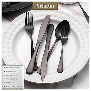 Selafun 24 Piece Matte Black Flatware Set.Stainless Steel Matte Black Silverware Set Titanium Plating Tableware Cutlery Set. Utensil Set for Kitchens. Dishwasher Safe(Service for 4)