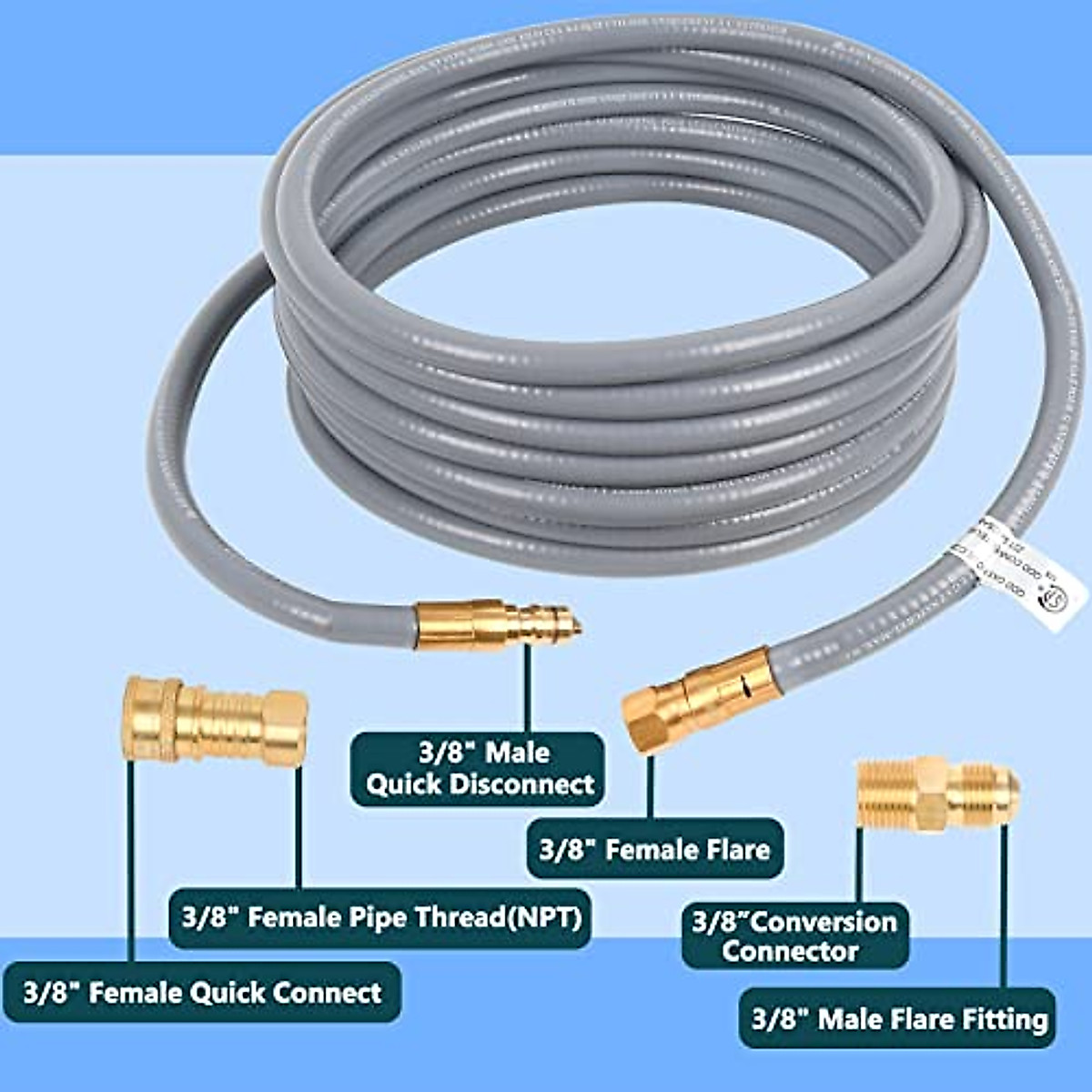 GasSaf 3/8 Inch ID Natural Gas Hose 24 Feet Quick Connect Gas Hose with 3/8 Female Pipe Thread x 3/8 Male Flare Conversion Kit for Gas Grill, Patio Heater, Generator and More