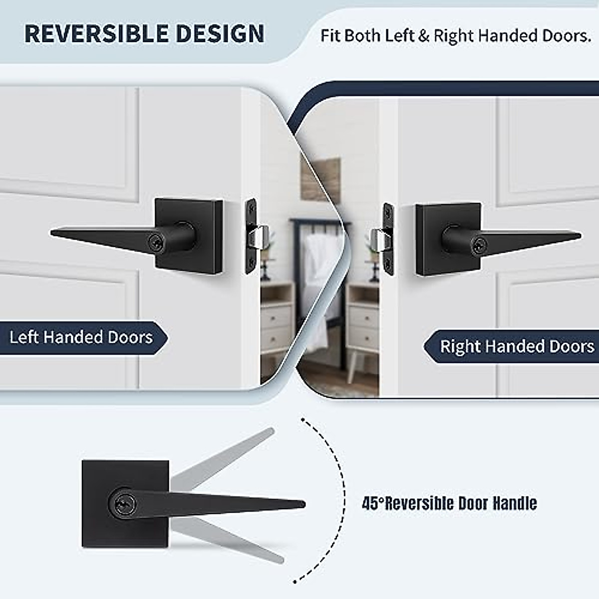 LOQRON Heavy Duty Entrance Door Lever Keyed Entry Door Handle with Lock and Keys Reversible for Matte Black Handle for Bedroom, Office or Front Door