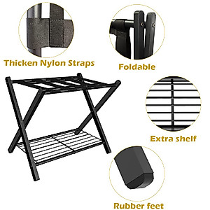 mocomax 1 Pack Folding Luggage Rack for Guest Room, Foldable Suitcase Stand Holder with Metal Storage Shelf for Bedroom, Living Room, Hotel Essentials, Heavy Duty Steel Frame, Black