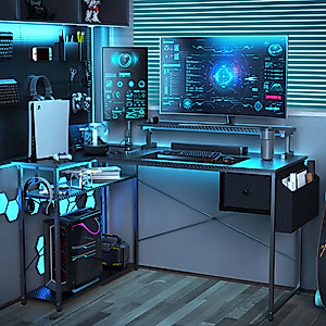 DOMICON Gaming Desk, 47 inch L Shaped Gaming Desk, Computer Desk with LED Lights & Adjustable Stand, Power Outlets, Storage Drawer, Reversible Gaming Desk with Shelves, Hook, Black Carbon Fiber