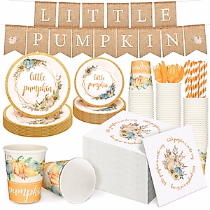 Tanlade 193 Pcs Fall Little Pumpkin Baby Shower Party Decoration Set Including Disposable Fall Baby Shower Paper Plates Cups Napkin Straws Plastic Knives Forks Spoons Set(Fall Baby Shower Party)