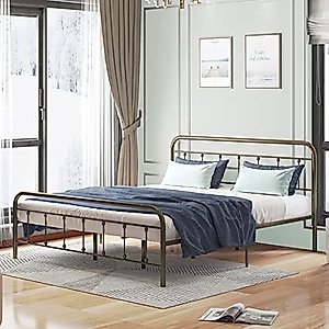 Mjkone California King Spindle Design Metal Bed Frame, Bed Frame with Headboard and Footboard, No Box Spring Needed Platform Bed Frame with Underbed Storage for Bedroom (Coffee)