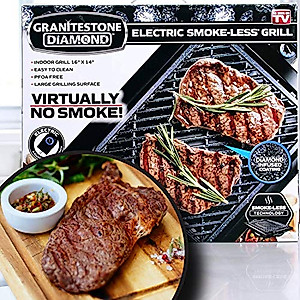 Granitestone Indoor Electric Smoke-Less Grill with Cool-touch handles and adjustable Temperature Dial, Nonstick, PFOA-Free, Black 16 x 14" As Seen On TV