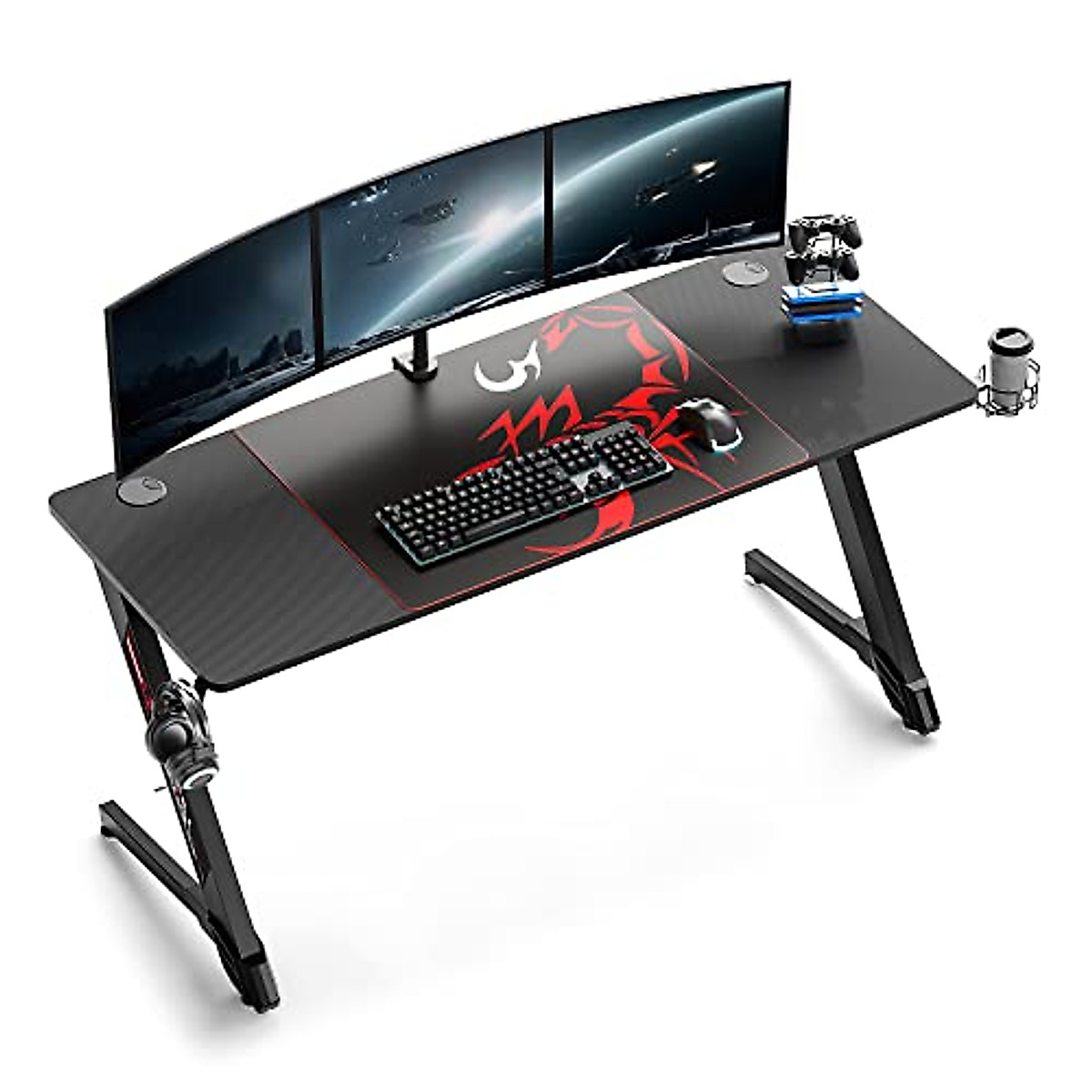 It's_Organized Gaming Desk, 60 Inch Z Shaped Carbon Fiber Surface Desktop PC Computer Gaming Table Gamer Workstation with Free Mouse Pad Cup Holder Headphone Hook Handle Rack, Black