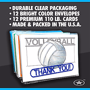 Play Strong Volleyball Thank You Note Cards 12-Pack (4.25"x5.5") Illustrated Sports Powercard Note Card Set 12-Pack Perfect for Volleyball Players, Coaches, Fans and Fanatics - They'll Love 'Em!