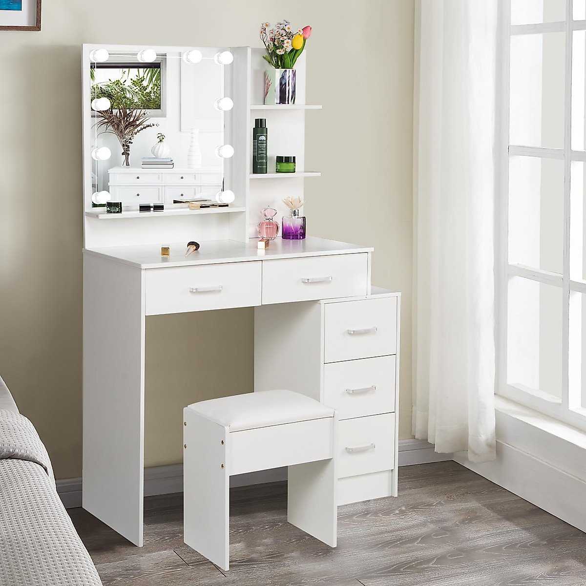 JBLCC Makeup Vanity with Lighted Mirror,Large Vanity Desk with Storage Shelves & 5 Drawers,Cushioned Stool,Makeup Vanity Table with Lights for Bedroom (3080)