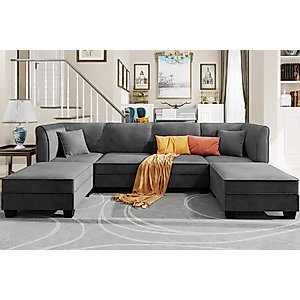 Vongrasig 6 Pieces Sectional Couch Modular Sofa with Reversible Chaise 116" Velvet U-Shaped Couch Sofa 6-seat Modular Large Sectional Couch with Ottoman for Living Room, Upholstered Cushion (Grey)