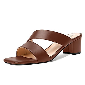 AMBELIGHT Women's Low Heel Dress Matte Night Club Solid Slip On Chunky 2 Inch Square Toe Sandals Brown Size 5 - Zapatos de Mujer de Tacon Bajo