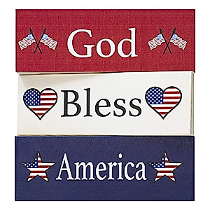 JennyGems God Bless America Wooden Block Sign Set, Patriotic Decor for Shelf, Table or Tiered Tray, Americana Made in USA