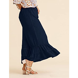 Mundoven Flowy Palazzo Linen Pants for Women Elastic High Waisted Wide Leg Ruffle Ruched Loose Beach Trousers (0004-Blue-XL)
