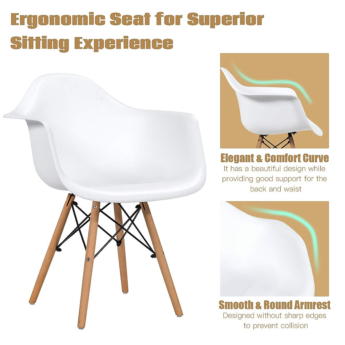 Safstar Mid Century Modern Dinning Chair Set of 2, 2 Pieces DSW Side Chair w/Beech Wood Legs & Curved Seat Supports, Accent Plastic Shell Chair Set for Kitchen, Dining, Bedroom, Living Room (2, White)