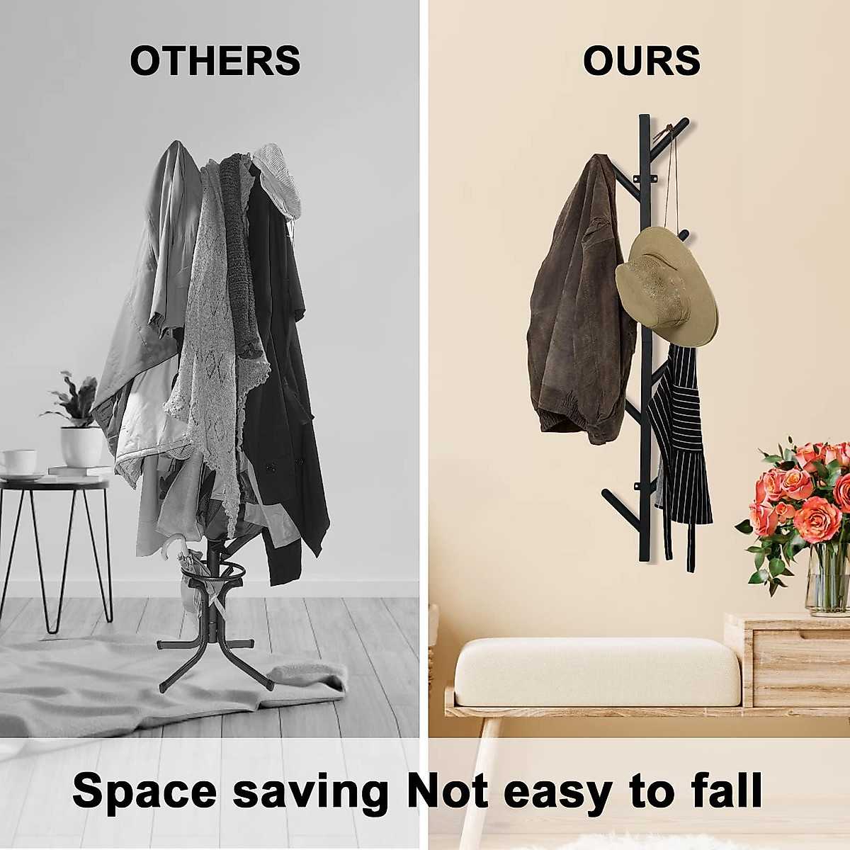 Vertical Coat Rack Wall Mount 2 Pack , Black Hat Rack for Wall with 16 Hooks, Hat Hooks, Wall Mounted Coat Hooks Organizer for Clothes Bags Scarves, Floating Coat Rack for Entryway Bedroom Living Room