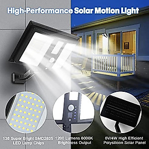 PEZOTA Solar Street Lights Outdoor, IP65 Waterproof Solar Powered Flood Lights with Motion Sensor & Remote Control for Patio Yard Garden Front Door, 138LEDs, Black (2 Pack)