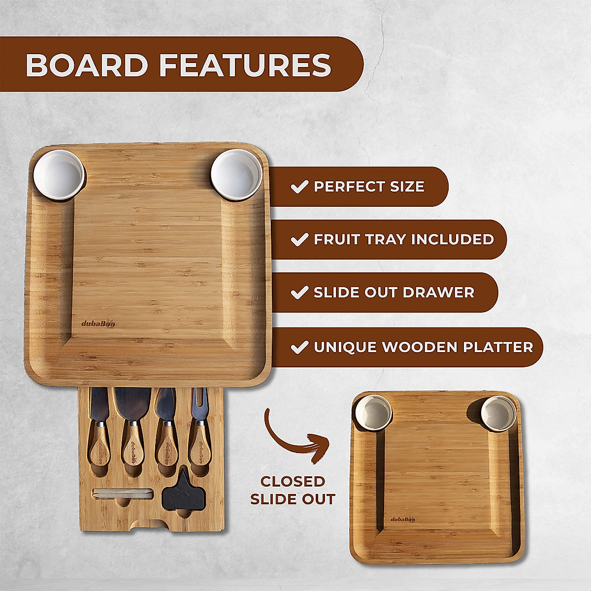 Cheese Board Natural Bamboo Platter with Knife and Forks Set with Ceramic Bowls dubaBoo Charcuterie Platter and Serving Meat, Cheese Board with Slide Out Drawer, Gift for Any Occasion.