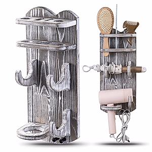 Besuerte Hair Tool Holder Wall Mount, Rustic Wooden Blowdryer Holder, Hair Dryer Holder for Bathroom, Hot Styling Tools Storage for Hair Dryer, Flat Iron, Curling Iron, Hair Straightener Brush