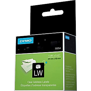 Dymo 30254 Lw Address Labels, 1-1/8 X 3-1/2, Clear, 130 Labels/Roll, 1 Roll/Bx