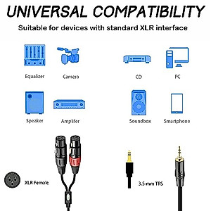 JOMLEY Dual XLR Female to 3.5mm Y-Splitter Cable, Unbalanced XLR Female to 1/8 Inch Mini Jack TRS Stereo Aux Interconnect Audio Mic Breakout Patch Cord - 2 Meter