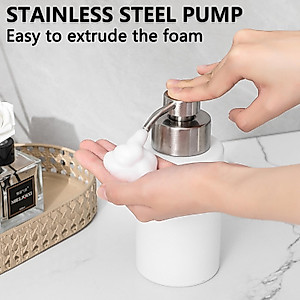 Foaming Soap Dispenser Set, 17 Oz White Glass Hand Soap Dispenser with 304 Rust Proof Stainless Steel Pump, Waterproof Labels, Bottles for Bathroom Decor Kitchen College Dorm, 2 Pack