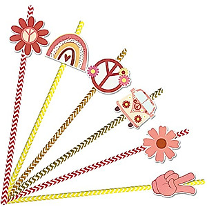 24Pcs Groovy Straws Groovy Hippie Boho Party Decorations Daisy Flower Bus Rainbow Peace Sign Paper Straws for Groovy Retro Vintage Birthday Baby Shower Party Supplies Favors