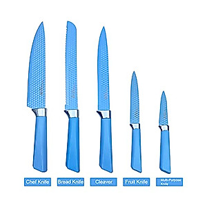 GRUB'S UP 6 Pieces Stainless Steel Blue Kitchen Knife Set, with PP Handle and ABS Knife Holder, Chef Knife/Bread Knife/Cleaver/Fruit Knife/Multi-Purpose Knife Set