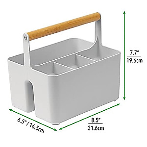 mDesign Plastic Portable Storage Organizer Kitchen Caddy Tote, Divided Bin with Wood Handle for Napkins, Silverware, Forks, Knives, Spoons - Store in Cabinets, Countertops - Gray/Natural