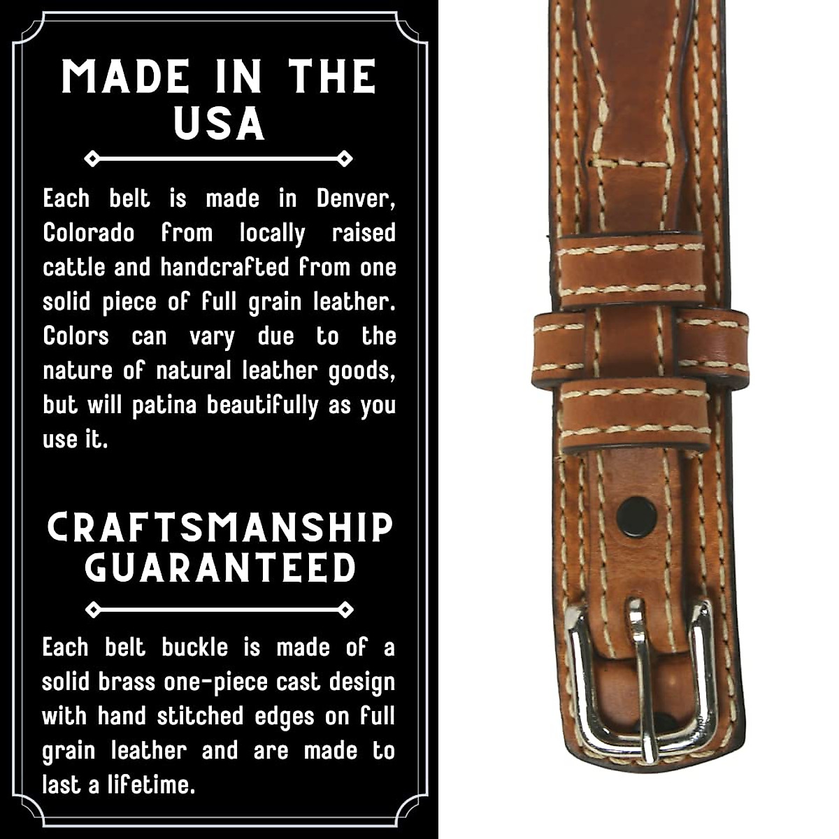 R.G. BULLCO - 1-1/2" Full Grain Ranger Leather Belt with Snaps, Solid Buckle and Double Edge Stitch - Brown - Size 44 - RGB-122