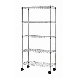 HSS 5 Shelf Wire Shelving Rack with Casters, 14" Dx30 Wx62 H, Chrome Color