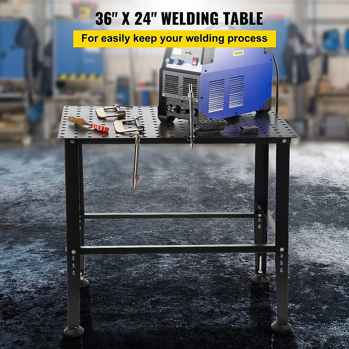 VEVOR Welding Table, 36" x 24" Adjustable Workbench, 0.12" Thick Industrial Workbench, 600lb Load Capacity Metal Workbench, Heavy Duty Carbon Steel Welding Table, Gray Steel Work Table w/Accessories