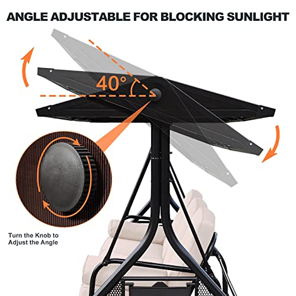 NOBLEMOOD Outdoor Porch Swing with Polycarbonate Hardtop, 3 Seat Patio Swing with Convertible Backrest, 2 Side Cup Holder, Thickened Cushion, 4 Pillows for Adult, Garden, Lawn