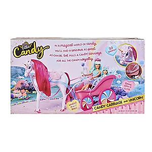 MGA Entertainment Dream Ella Candy Carriage and Unicorn, Pearlized White Unicorn Horse with Gold Glitter Horn, Bright Pink Mane, Pink Bridle, Reins, Saddle, Pink Carriage with Candy Glitter Railing