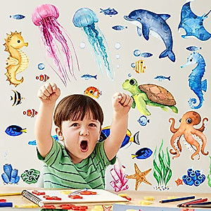 4 Sheets Ocean Fish Wall Decals Stickers Under The Sea Wall Decal Stickers Removable Sea Life Marine Animal Sticker Underwater Ocean Creatures Wall Decor for Kids Girls Boy Nursery Bedroom Bathroom