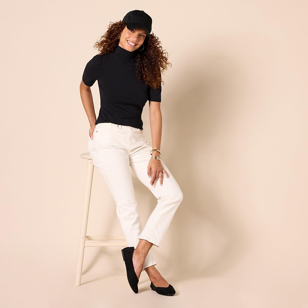 Amazon Essentials Women's Cotton Modal Draped Puff Sleeve Turtleneck, Black, Large