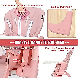 INFANS 4 in 1 High Chair–Booster Seat, Convertible Highchair w/Adjustable Height and Recline,Removable Tray,DetachableCushion, Installation-Free,Simple Fold for Baby, Infant& Toddler (Pink)