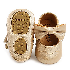 LAFEGEN Baby Girls Mary Jane Flats with Bownot Non Slip Soft Sole PU Leather Newborn Infant Toddler First Walker Cirb Dress Shoes, (07 Gold,0-6 Months Infant)