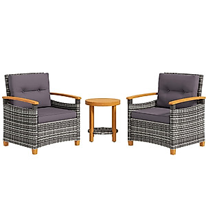 Outsunny 3 Pieces Wicker Outdoor Bistro Set, Rattan Patio Furniture Set with Acacia Wood Coffee Table and Porch Chairs for Backyard, Balcony, Garden, Gray