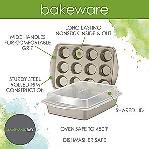Rachael Ray Nonstick Bakeware Set without Grips includes Nonstick Baking Pan with Lid and Muffin Pan / Cupcake Pan - 3 Piece, Silver