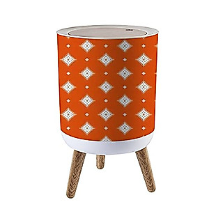Small Trash Can with Lid White Ikat Geometric Folklore Ornament with Diamonds on Orange Tribal Round Recycle Bin Press Top Dog Proof Wastebasket for Kitchen Bathroom Bedroom Office 7L/1.8 Gallon